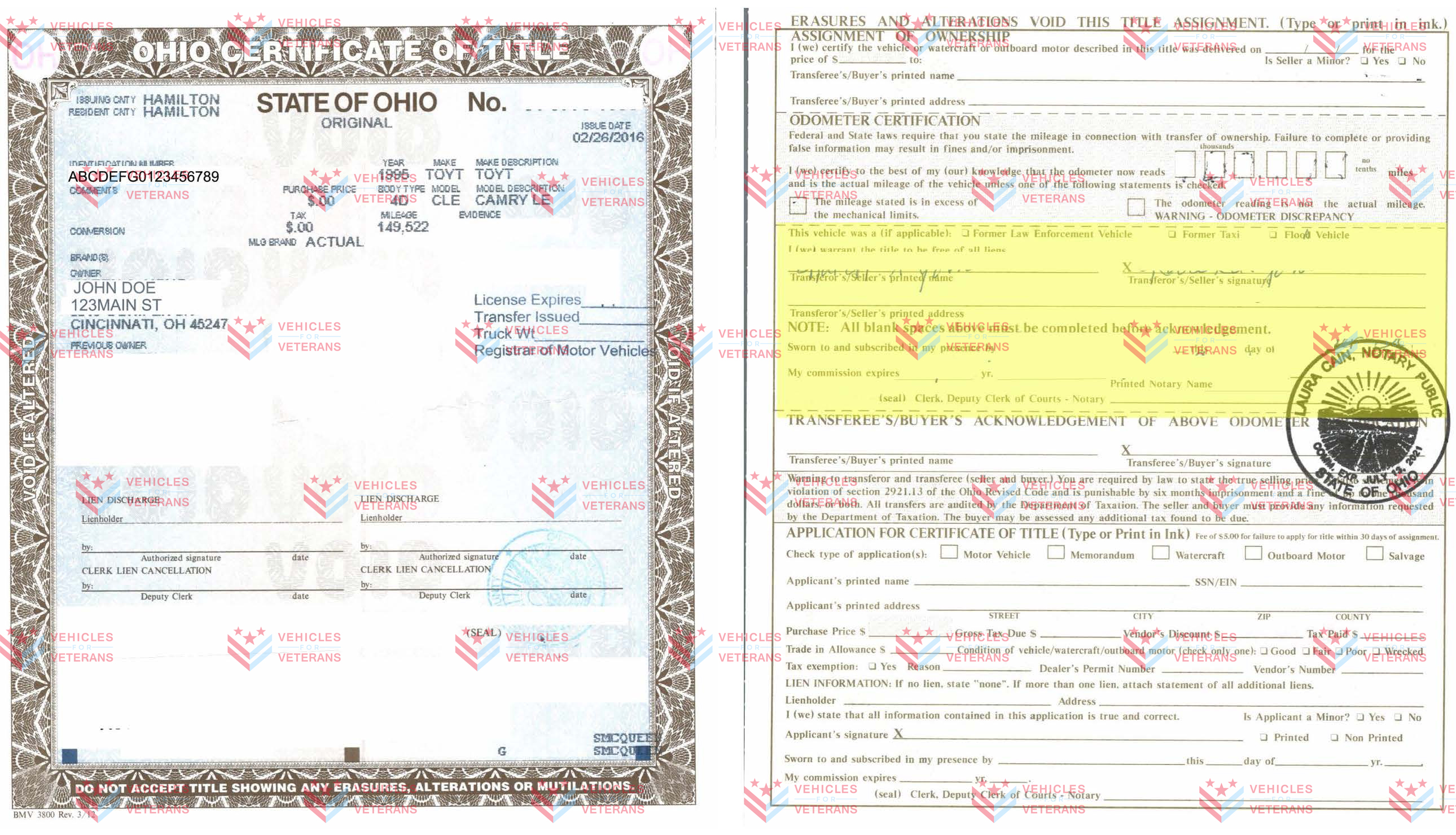 Ohio Car Title Notary Example Ohio Vehicle Donation Title ions 